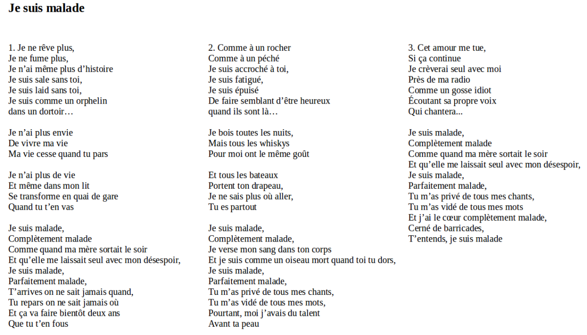 Je suis malade (Serge Lama) - Les paroles de la chanson